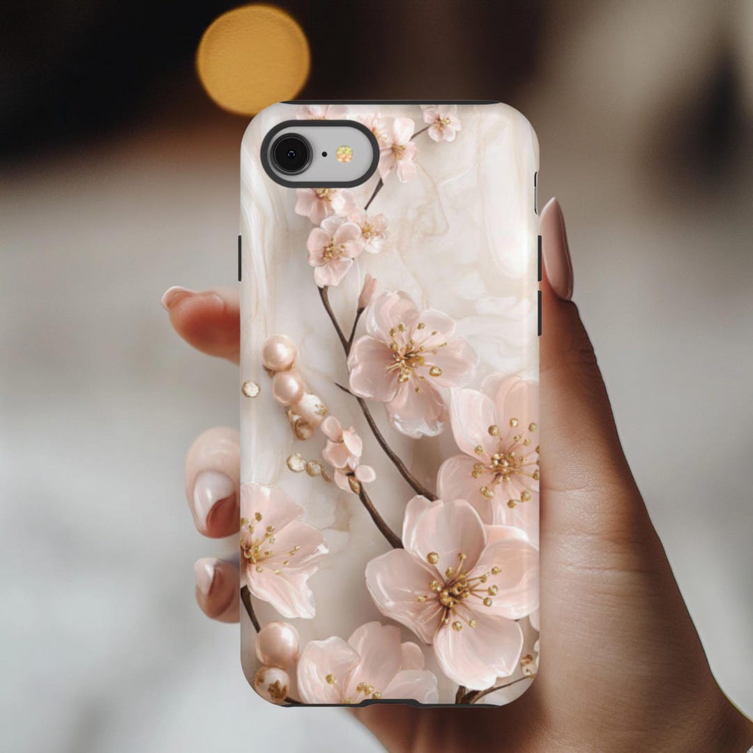 Soft Pink Cherry Blossom iPhone Case, 3D Floral Phone Case, Beige and ...