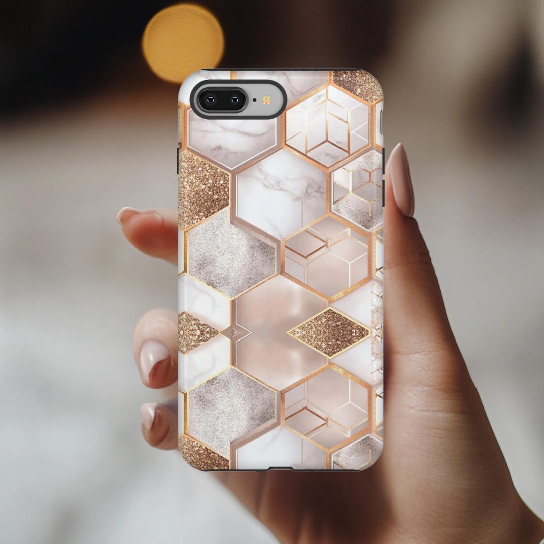 Elegant White Gold Marble Geometric Phone Case, Stylish Hexagon Pattern ...