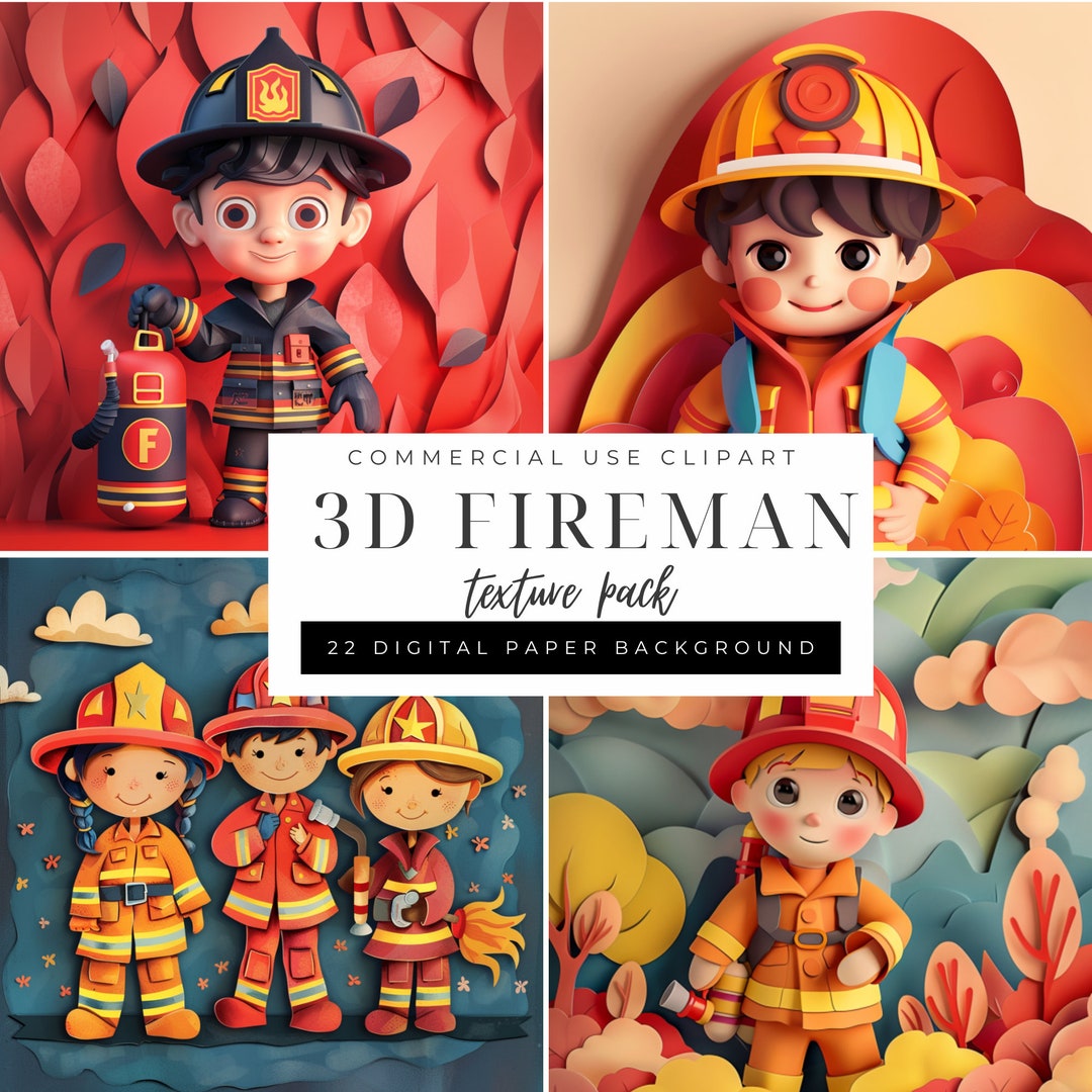 3D Fireman Digital Paper, Fireman Art PNG, Fireman 3D Card. Kids ...