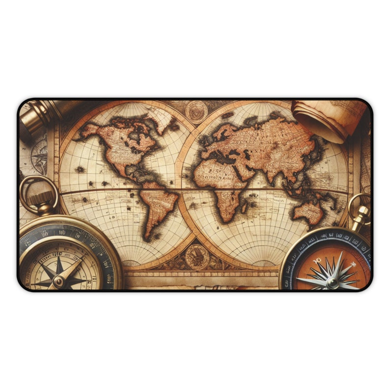 World Map Deskmat, Vintage Maps and Compass Desk Mat, Antique ...