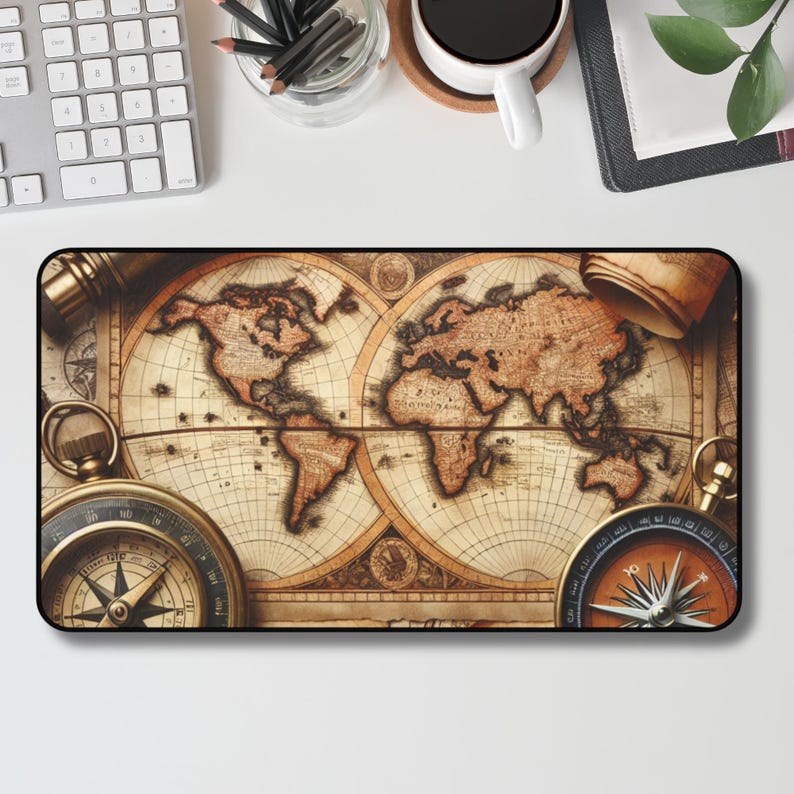 World Map Deskmat, Vintage Maps and Compass Desk Mat, Antique ...