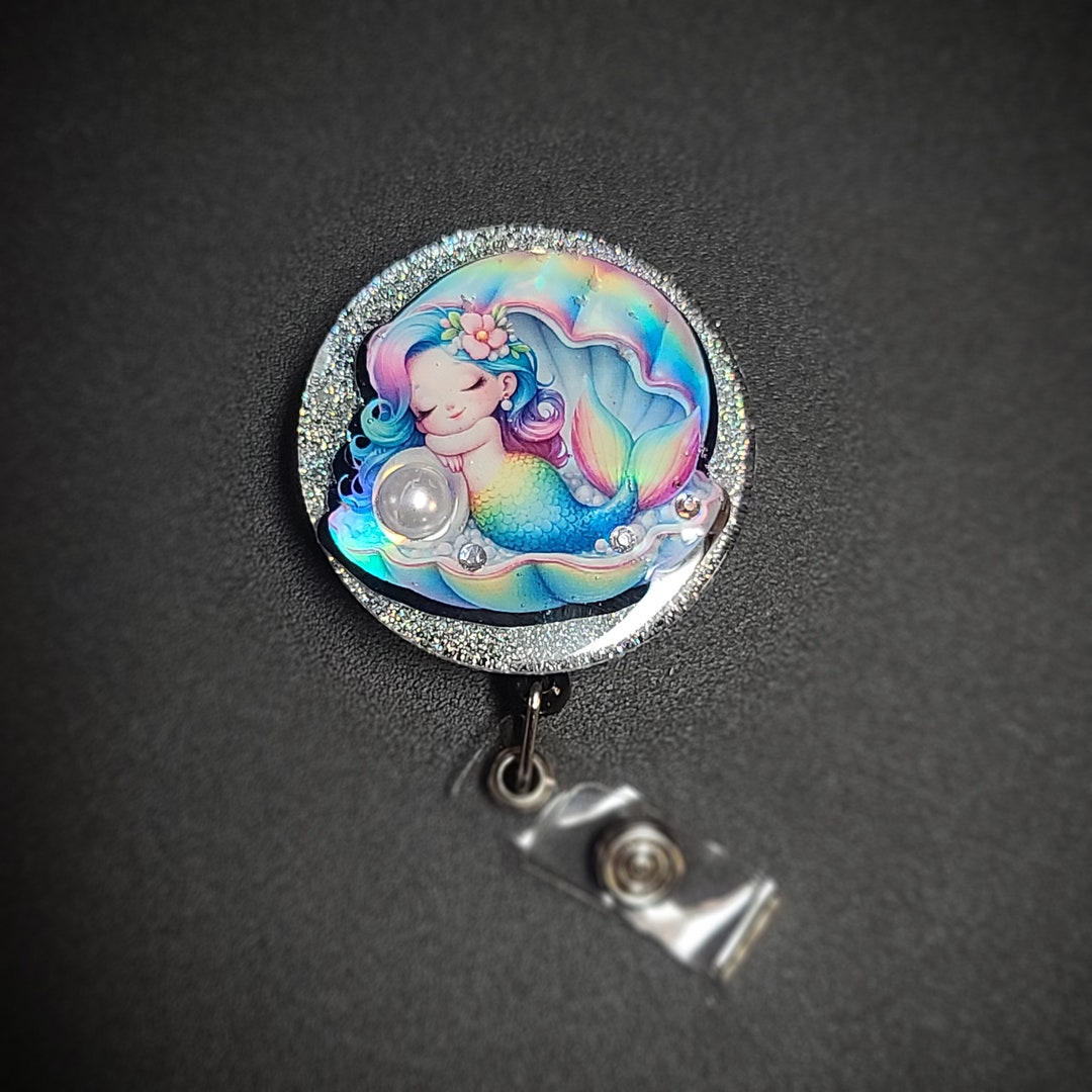 Glitter Mermaid Retractable Badge Reel. Holographic Design, Badge Clip ...
