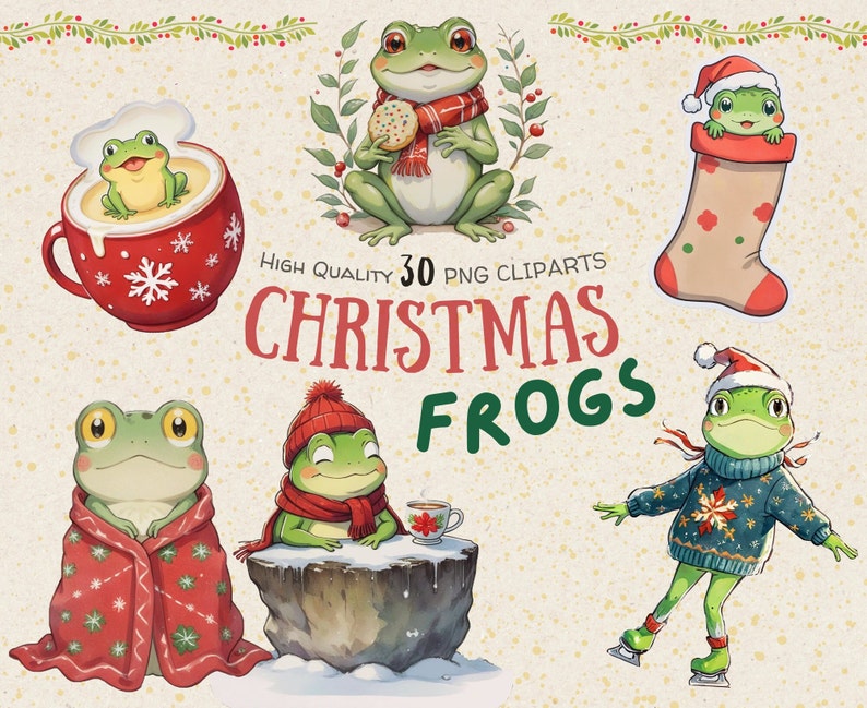 Christmas Frogs, 30 Watercolor Clipart, Cute Frogs, High Quality ...