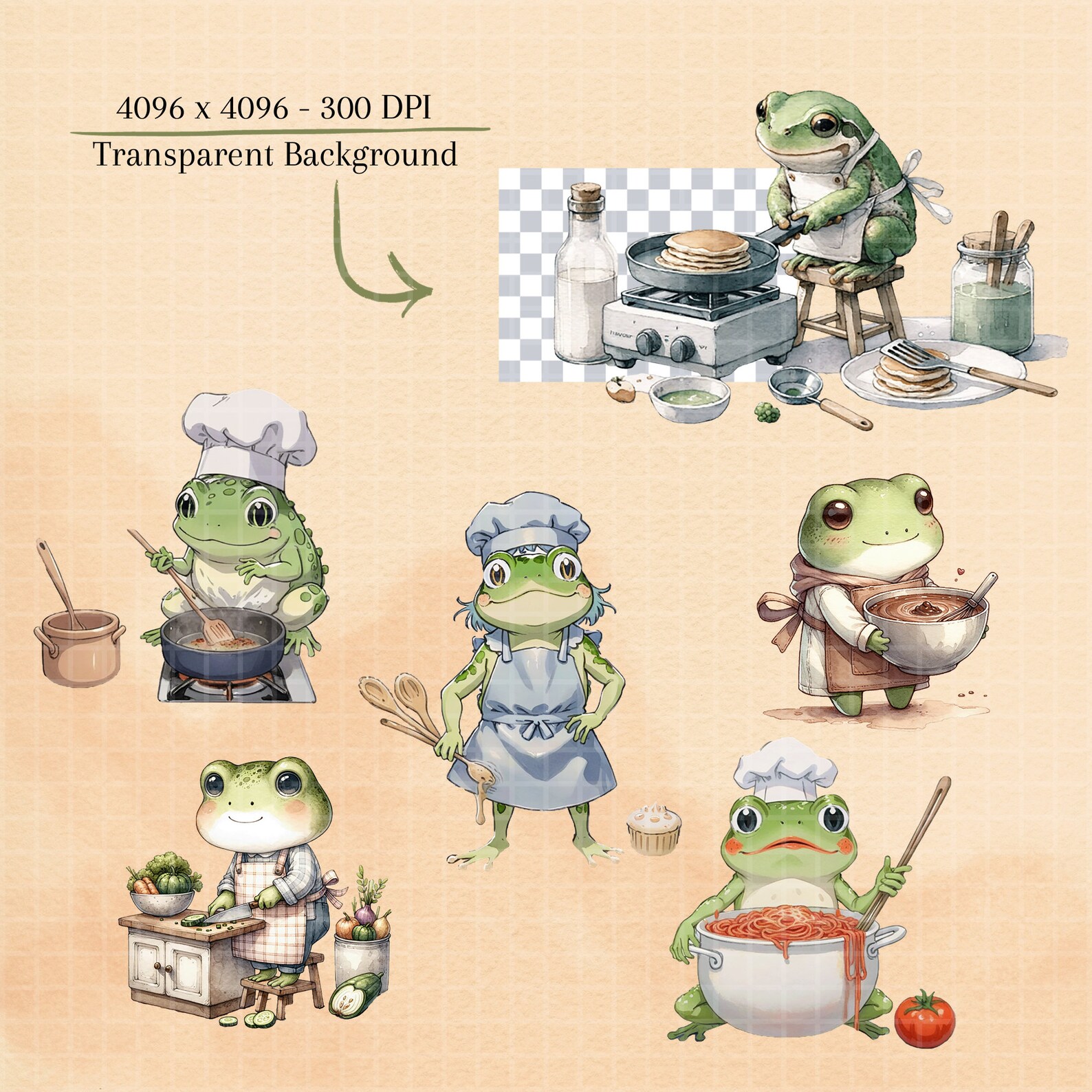 Frogs Cooking, Baking, 32 Watercolor Clipart, Cute Frogs, High Quality ...