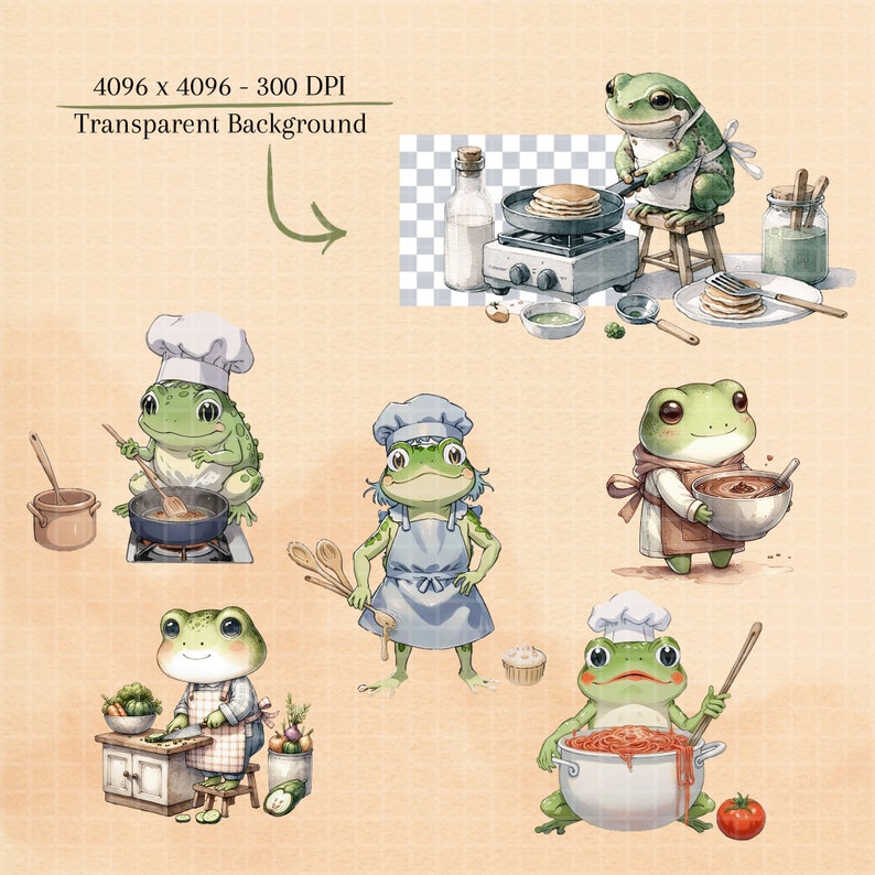 Frogs Cooking, Baking, 32 Watercolor Clipart, Cute Frogs, High Quality ...