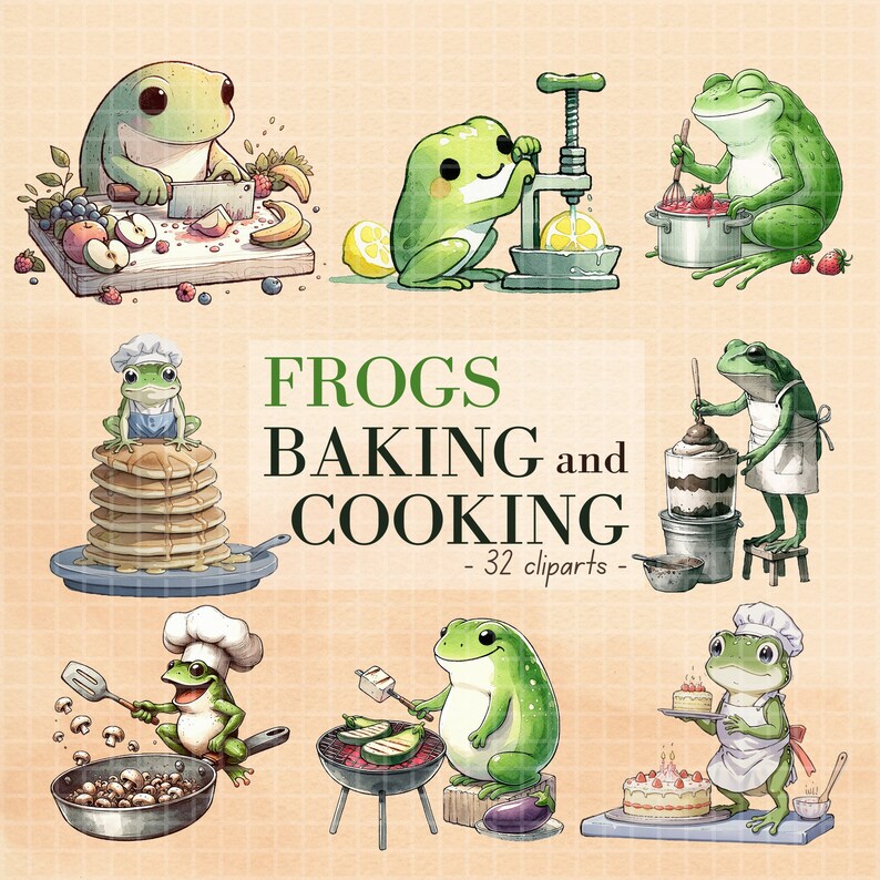 Frogs Cooking, Baking, 32 Watercolor Clipart, Cute Frogs, High Quality ...