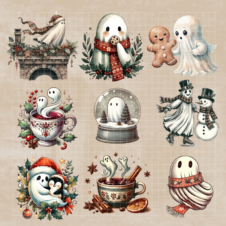 Christmas Ghosts, 26 Watercolor Clipart, Cute Ghosts, High Quality ...