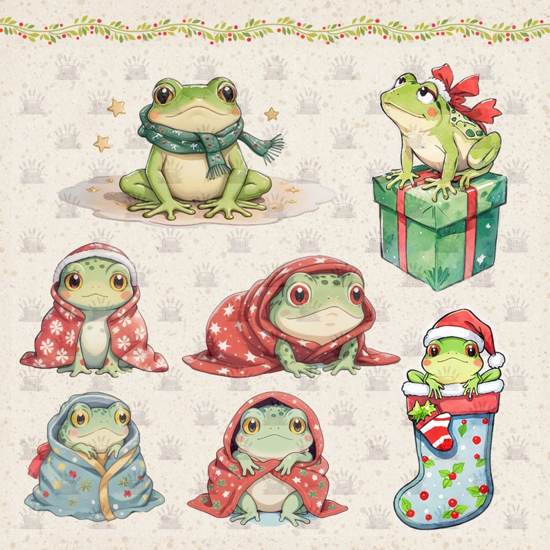 Christmas Frogs, 30 Watercolor Clipart, Cute Frogs, High Quality ...