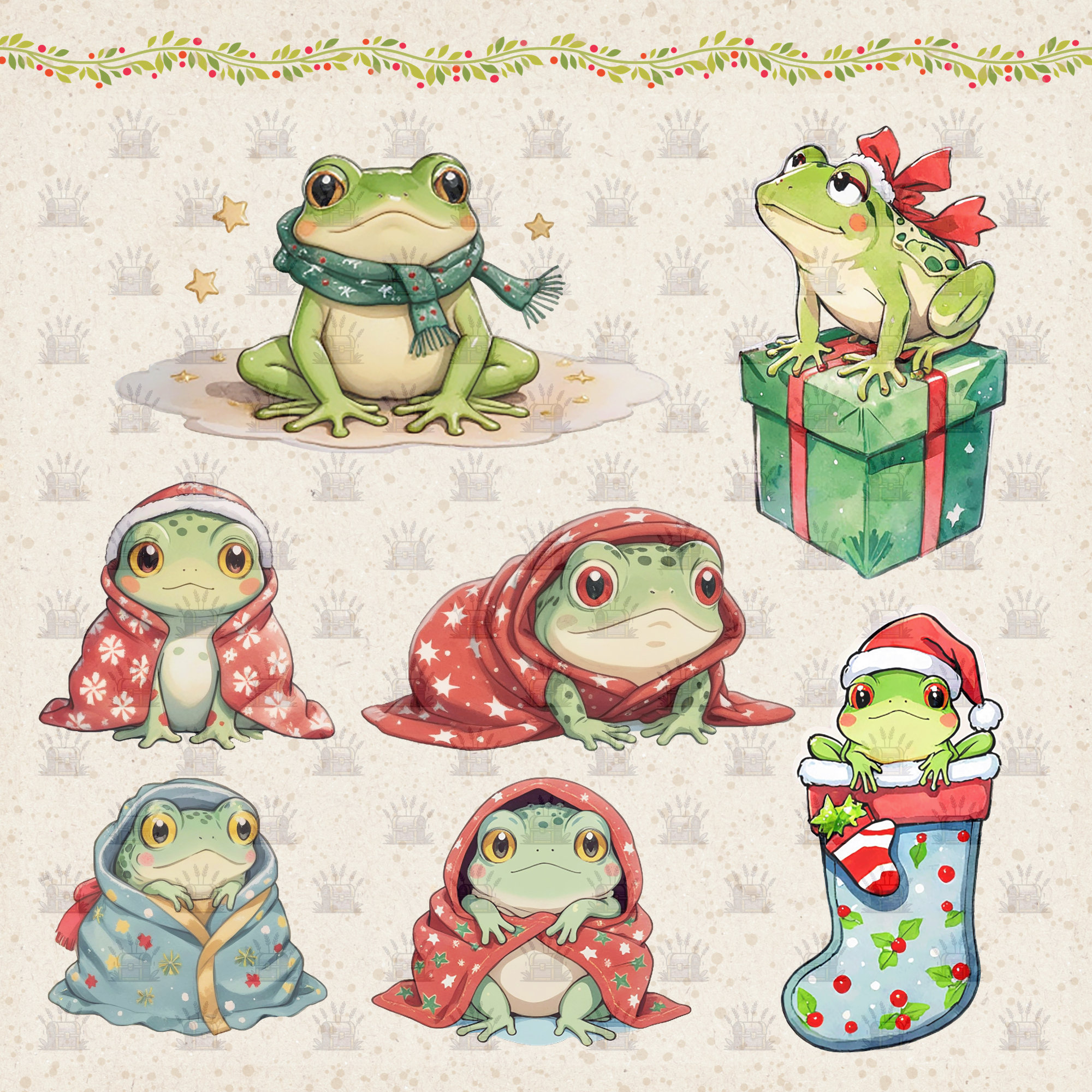 Christmas Frogs, 30 Watercolor Clipart, Cute Frogs, High Quality ...