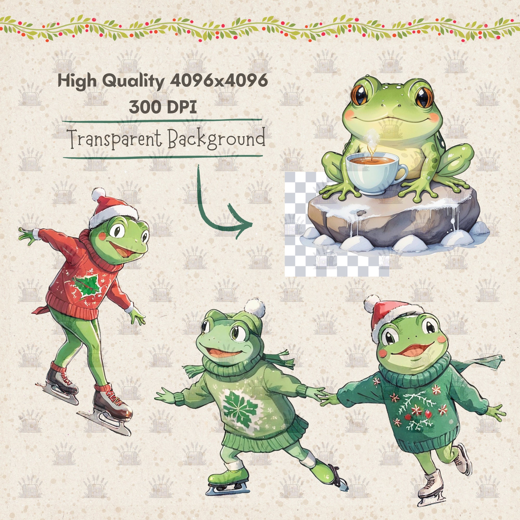 Christmas Frogs, 30 Watercolor Clipart, Cute Frogs, High Quality ...