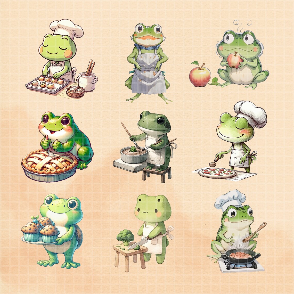 Frogs Cooking, Baking, 32 Watercolor Clipart, Cute Frogs, High Quality ...