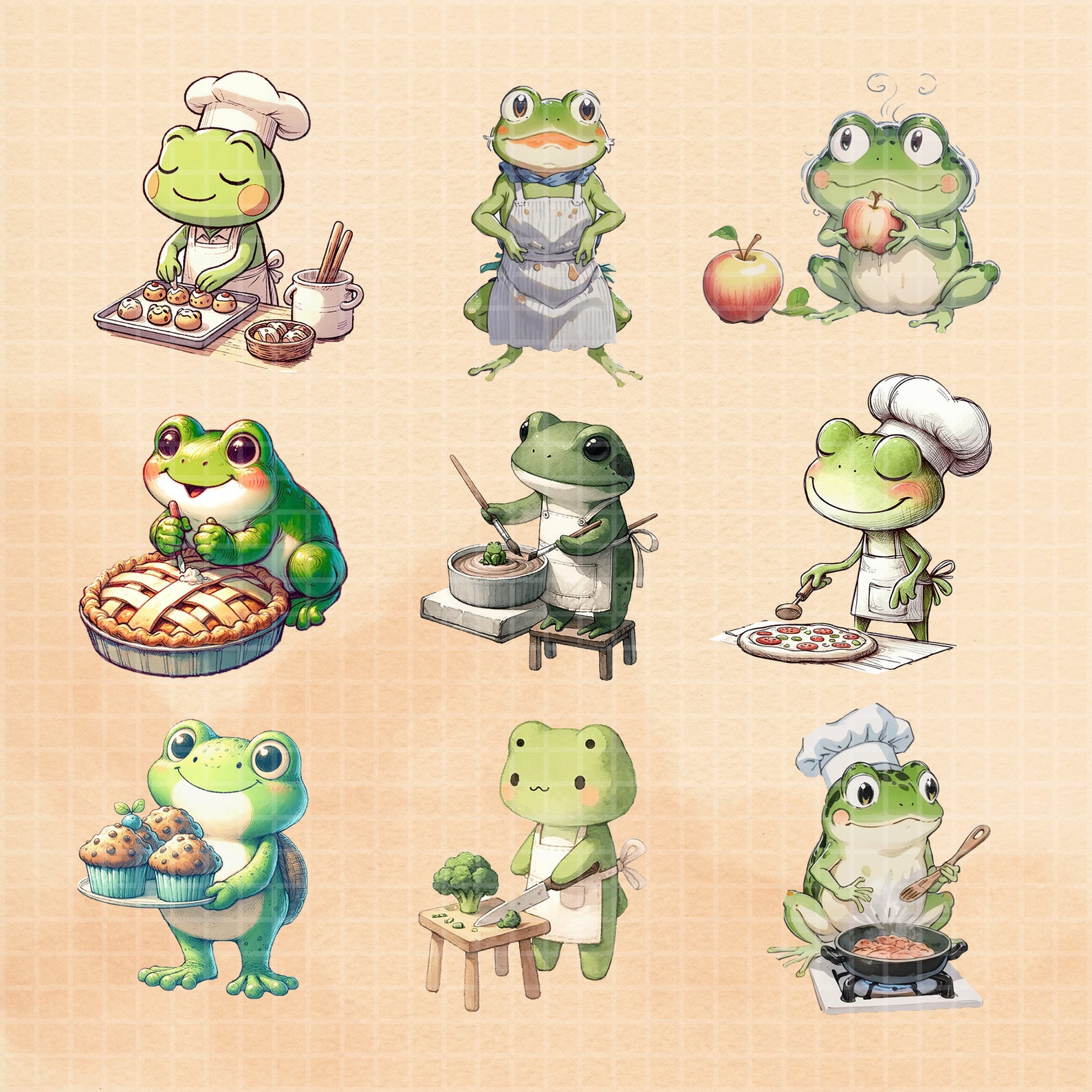 Frogs Cooking, Baking, 32 Watercolor Clipart, Cute Frogs, High Quality ...