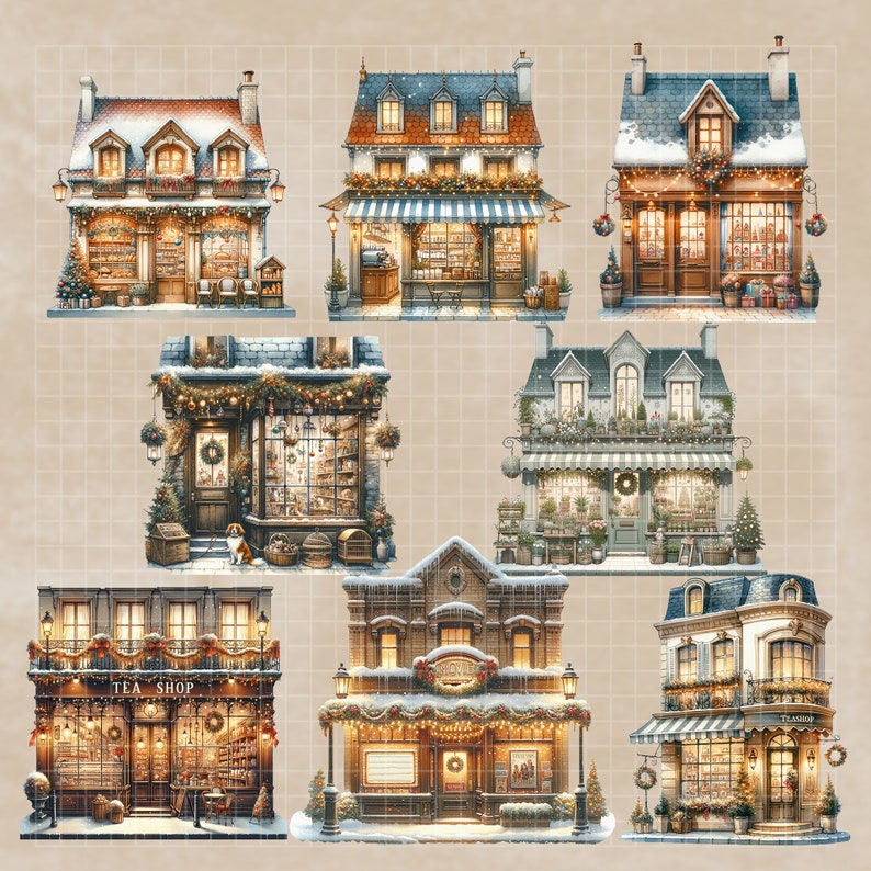 Christmas Storefronts, 20 Watercolor Cliparts, Cozy Small Town Stores ...
