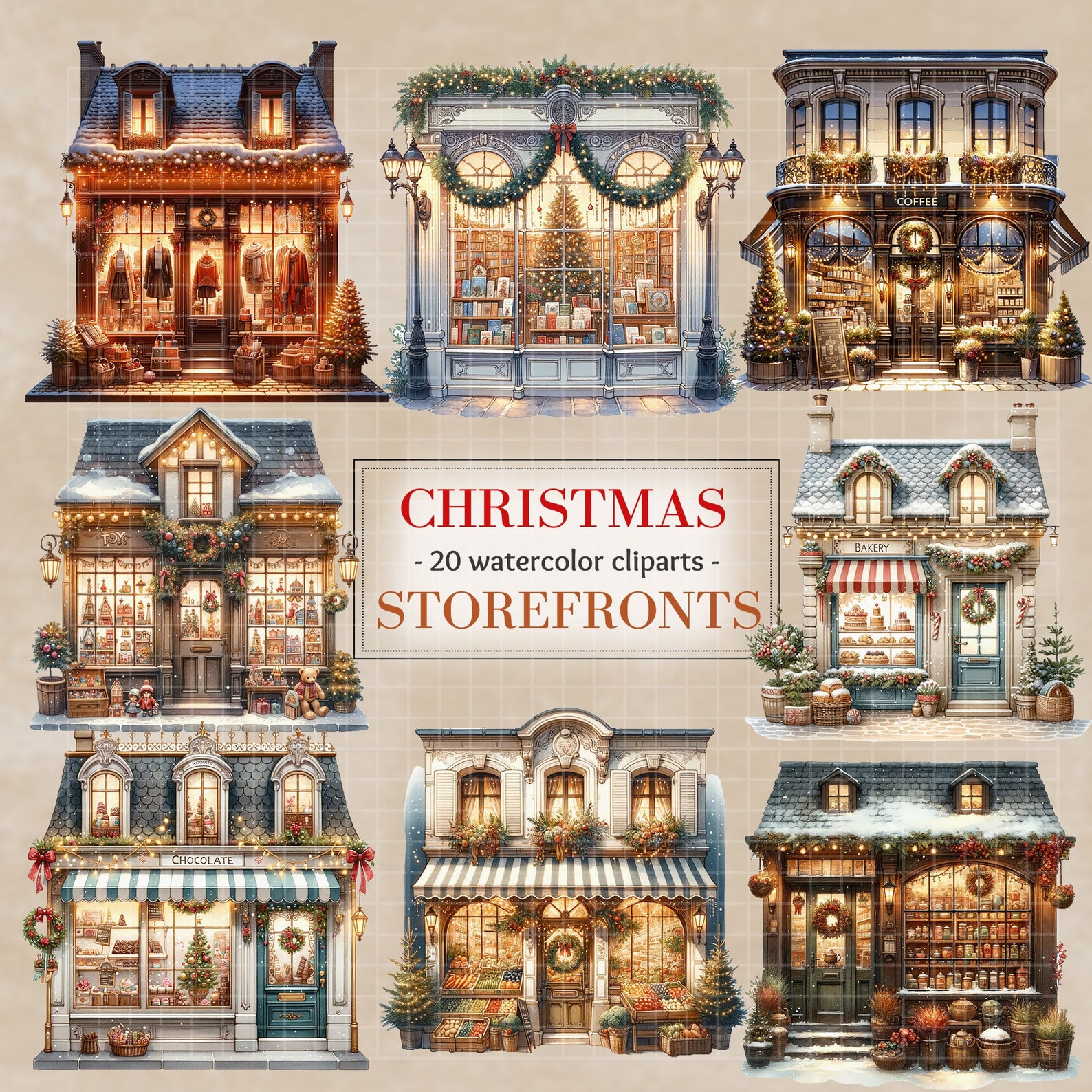 Christmas Storefronts, 20 Watercolor Cliparts, Cozy Small Town Stores ...