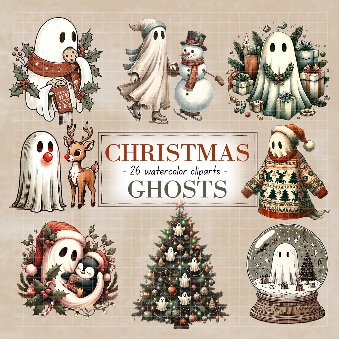 Christmas Ghosts, 26 Watercolor Clipart, Cute Ghosts, High Quality ...
