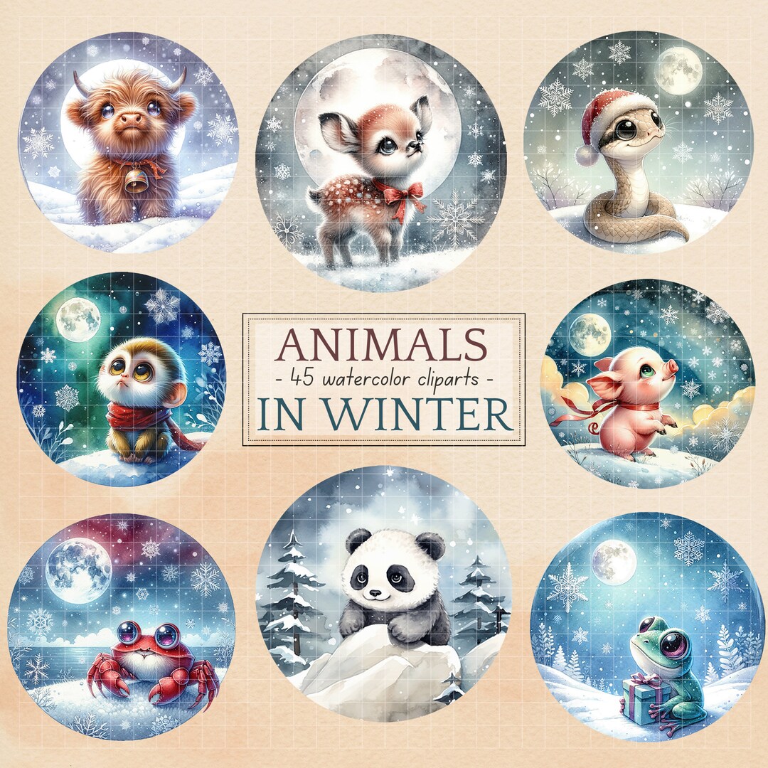 Animals in Winter, 45 Watercolor Clipart, Cute Animals in Snowfall ...