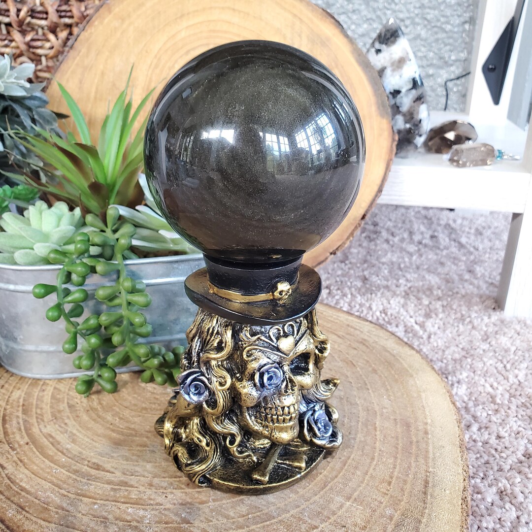 Gold Sheen Black Obsidian Sphere With Mystical Skull Sphere Holder ...