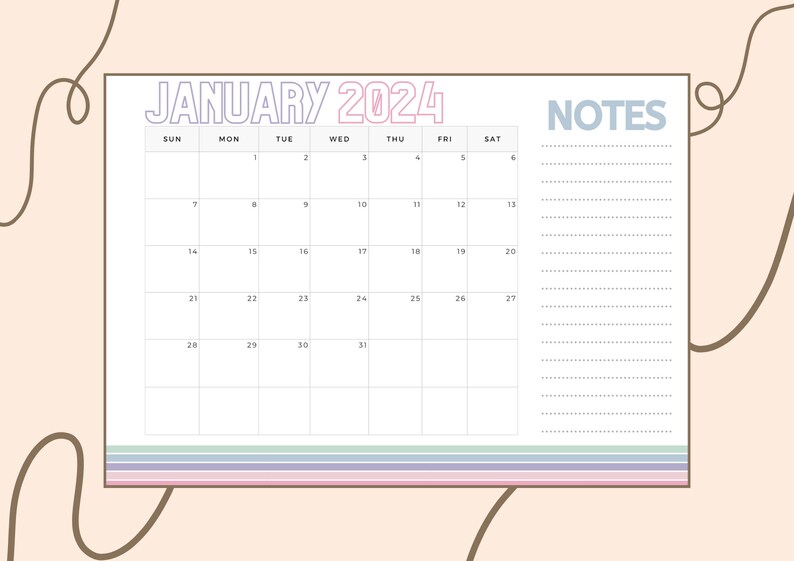 Pastel 2024 Monthly Calendar A4 Landscape Print at Home PDF - Etsy