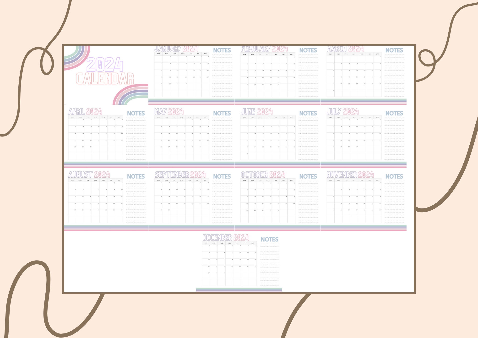 Pastel 2024 Monthly Calendar A4 Landscape Print at Home PDF - Etsy