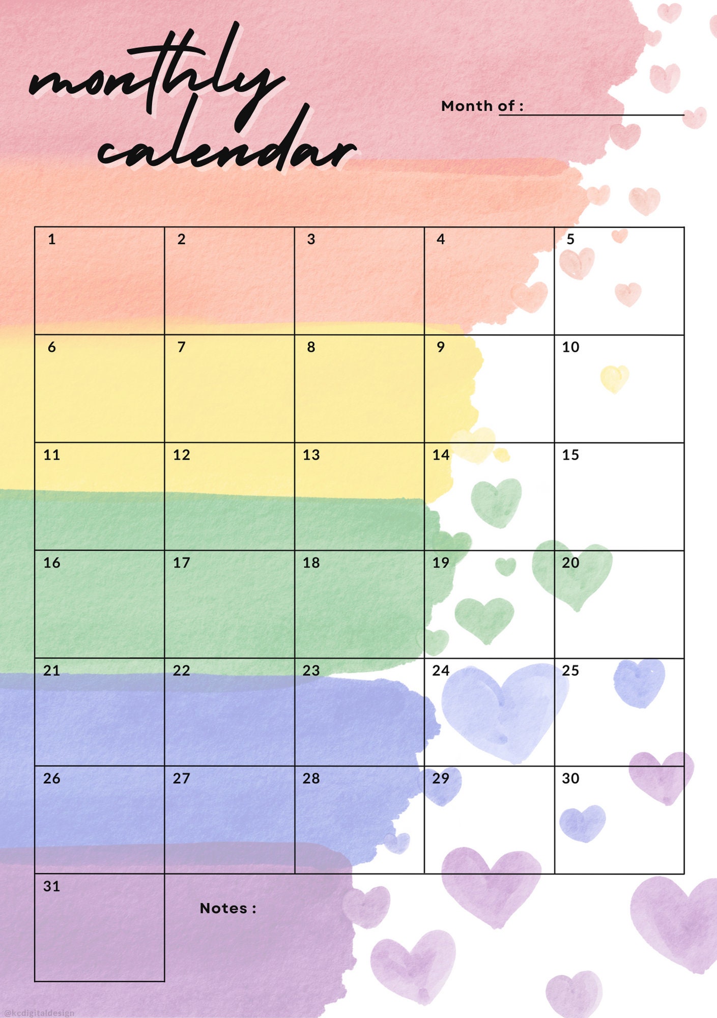 Printable Blank Rainbow Calendar PDF Add Your Own Month Calendar A5 ...