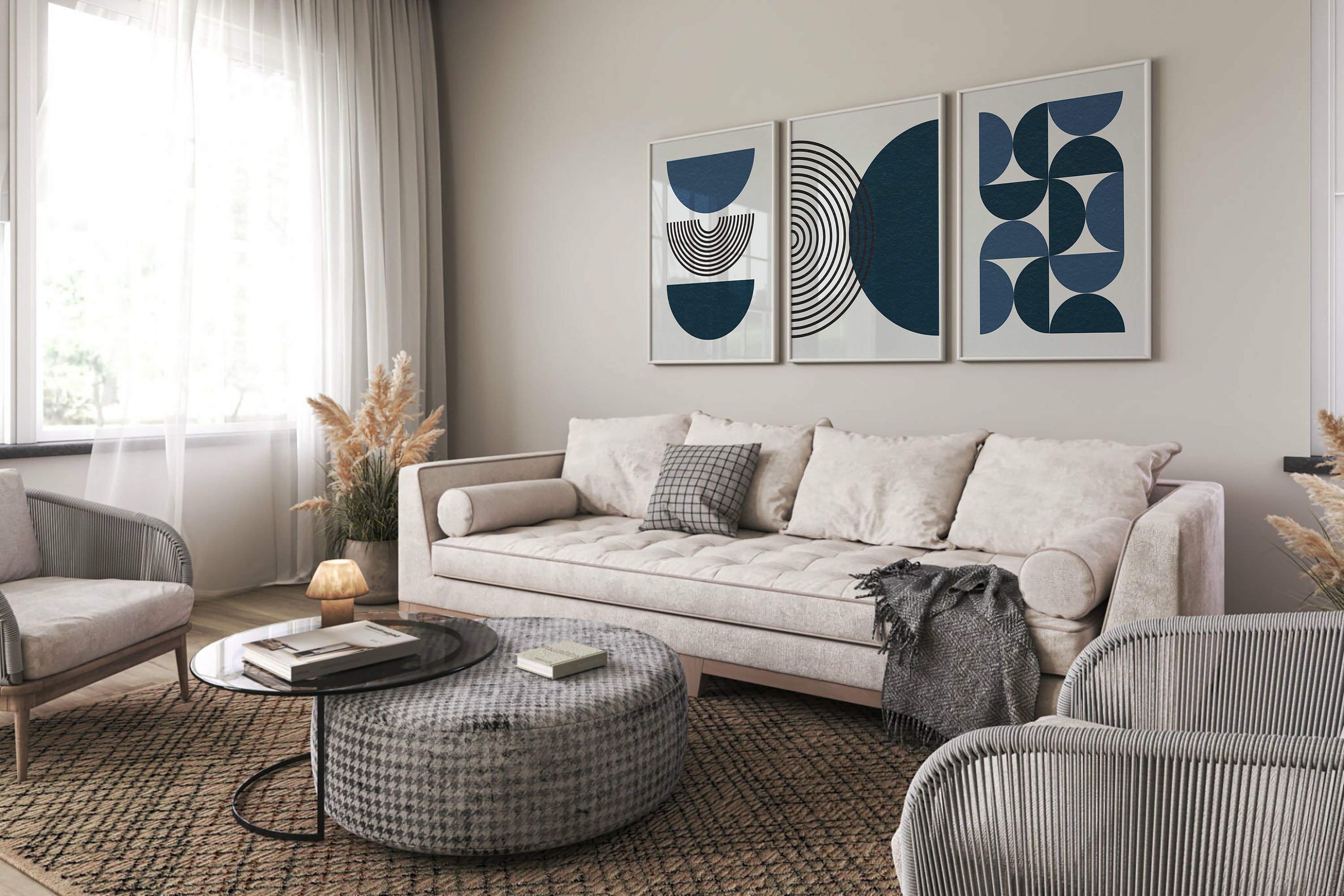 Navy Blue Mid Century, Modern Wall Art Set of 3, Bohemian Botanical ...