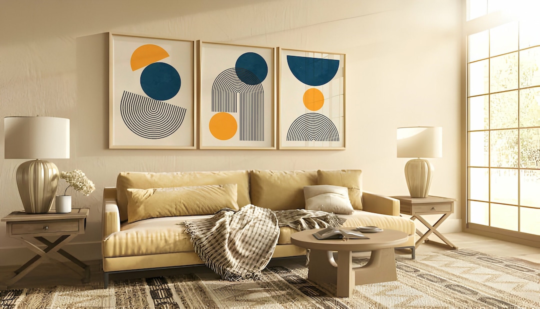 Navy Blue and Yellow Mid Century, Modern Wall Art Set of 3, Bohemian ...