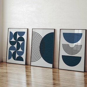 Navy Blue Mid Century, Modern Wall Art Set of 3, Bohemian Botanical ...