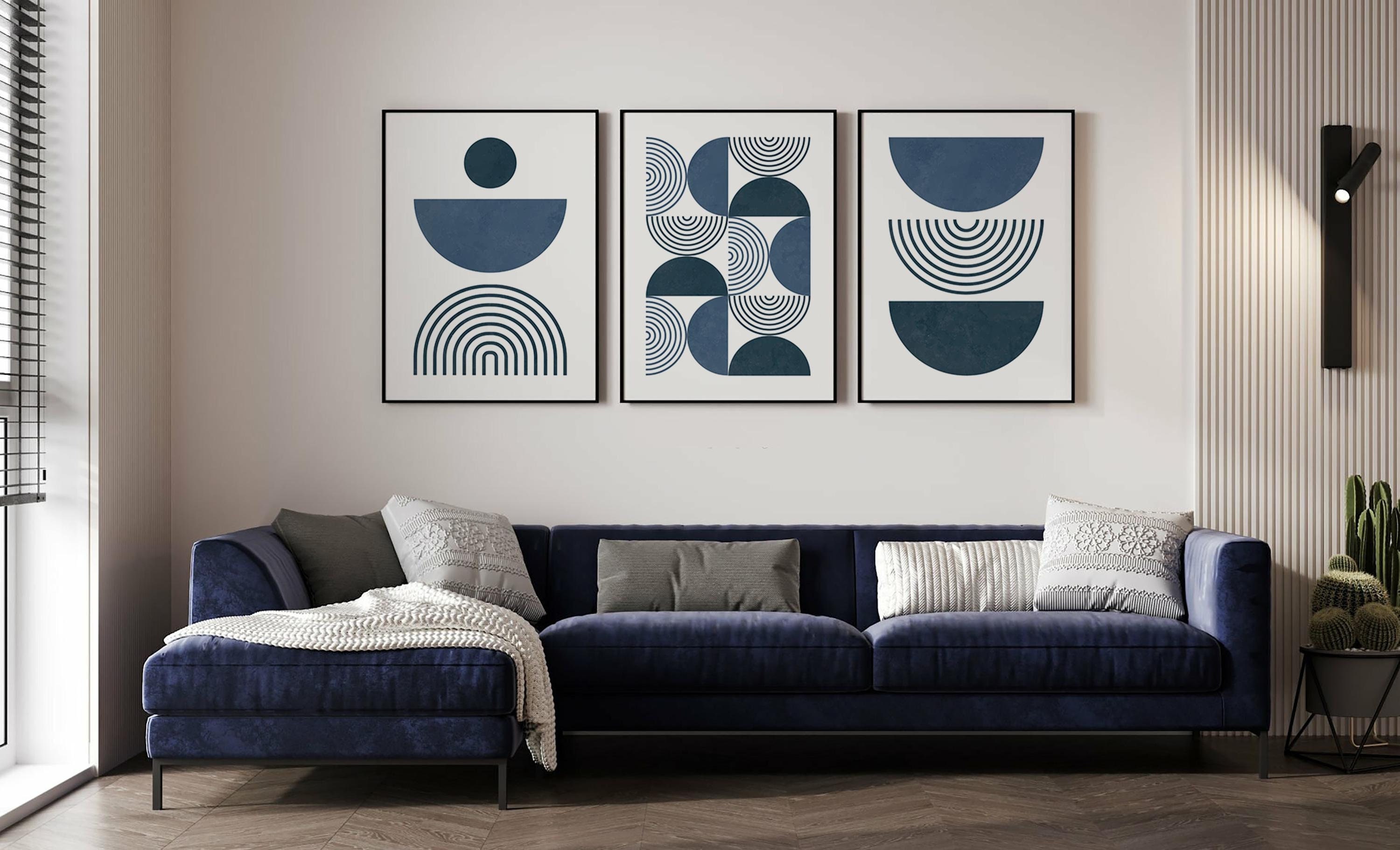 Navy Blue Mid Century Modern Wall Art, Set of 3, Bohemian Botanical ...
