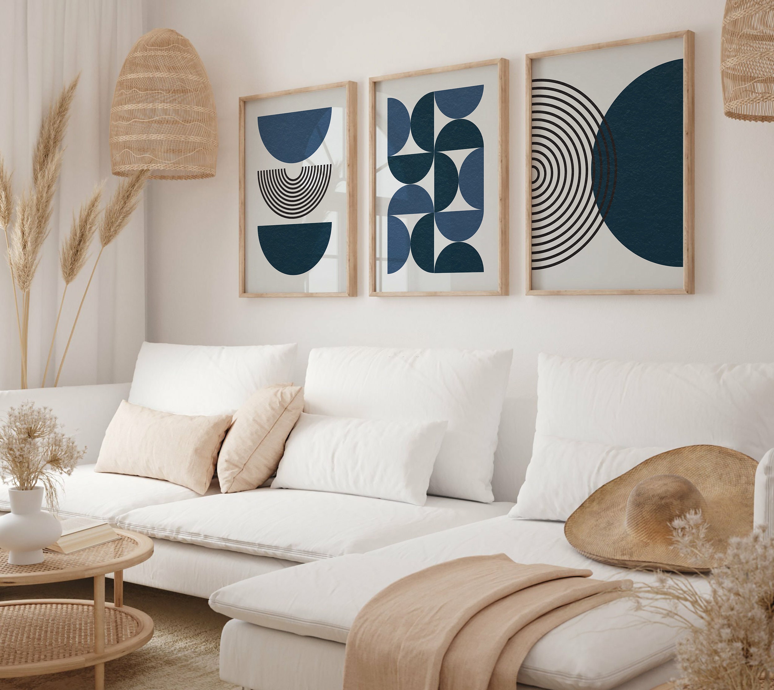 Navy Blue Mid Century, Modern Wall Art Set of 3, Bohemian Botanical ...