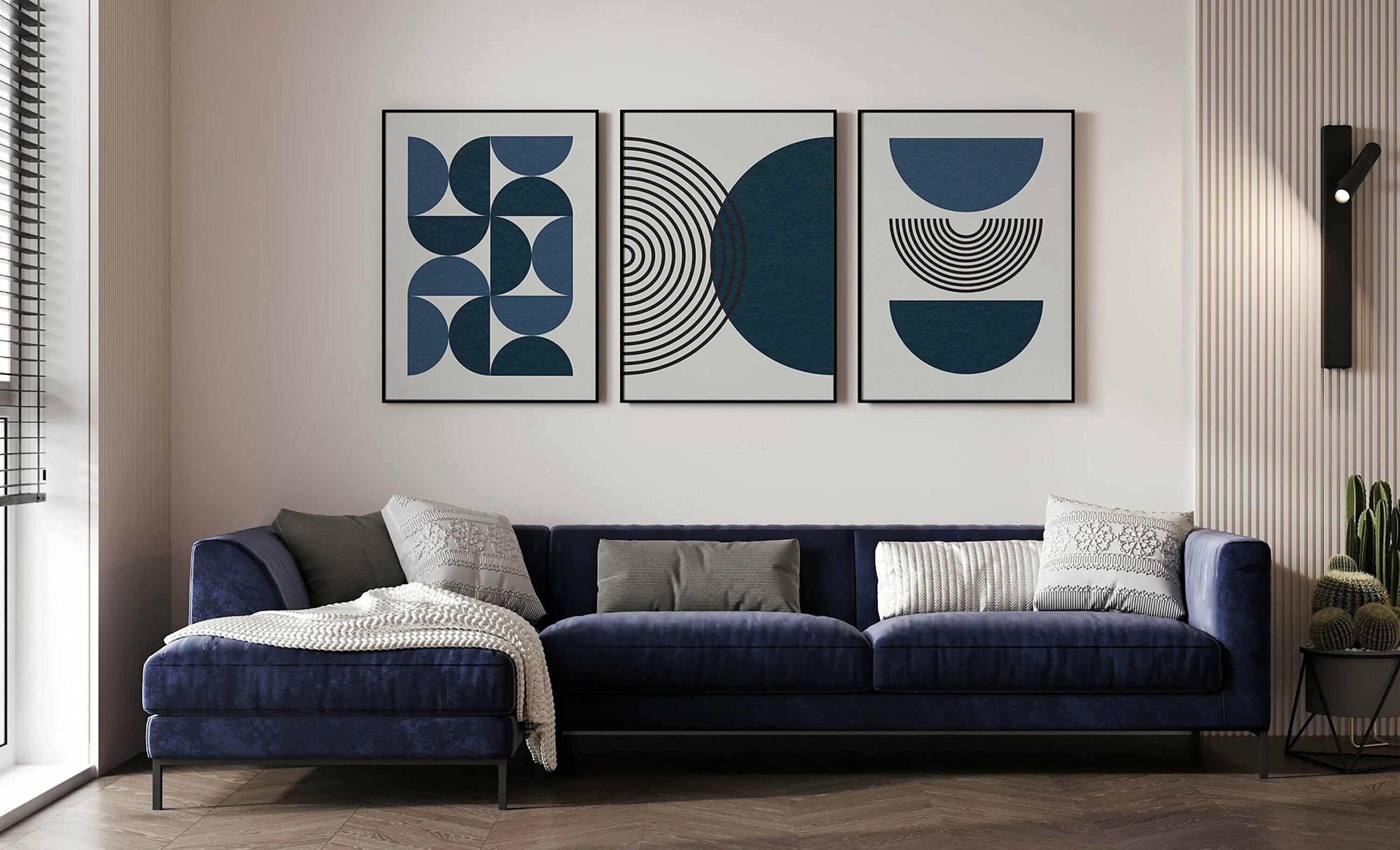 Navy Blue Mid Century, Modern Wall Art Set of 3, Bohemian Botanical ...