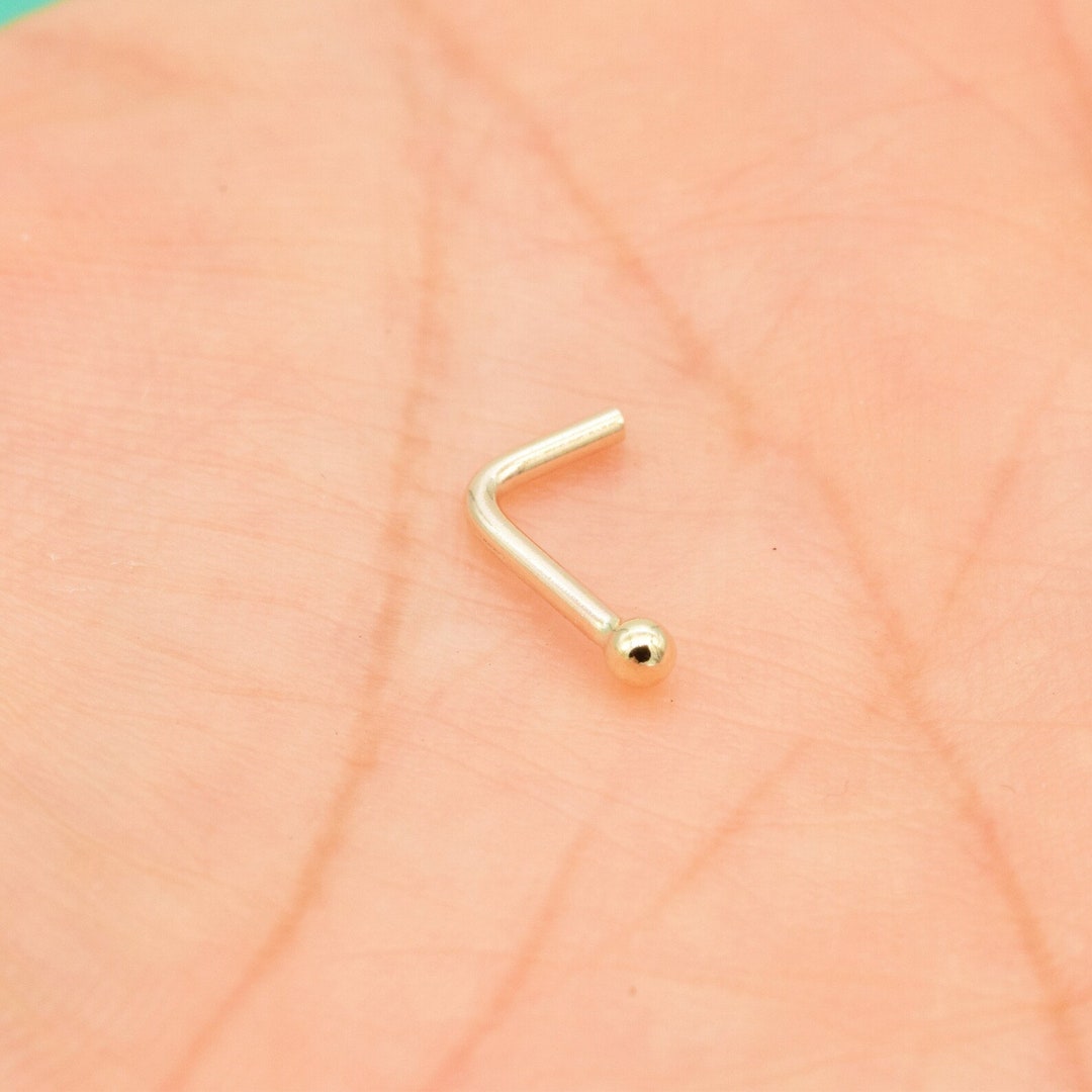 14k Solid Gold Tiny Ball Nose Stud Beaded Nose Ring Gold Nose Pin L Shape Dainty Nose Piercing ...