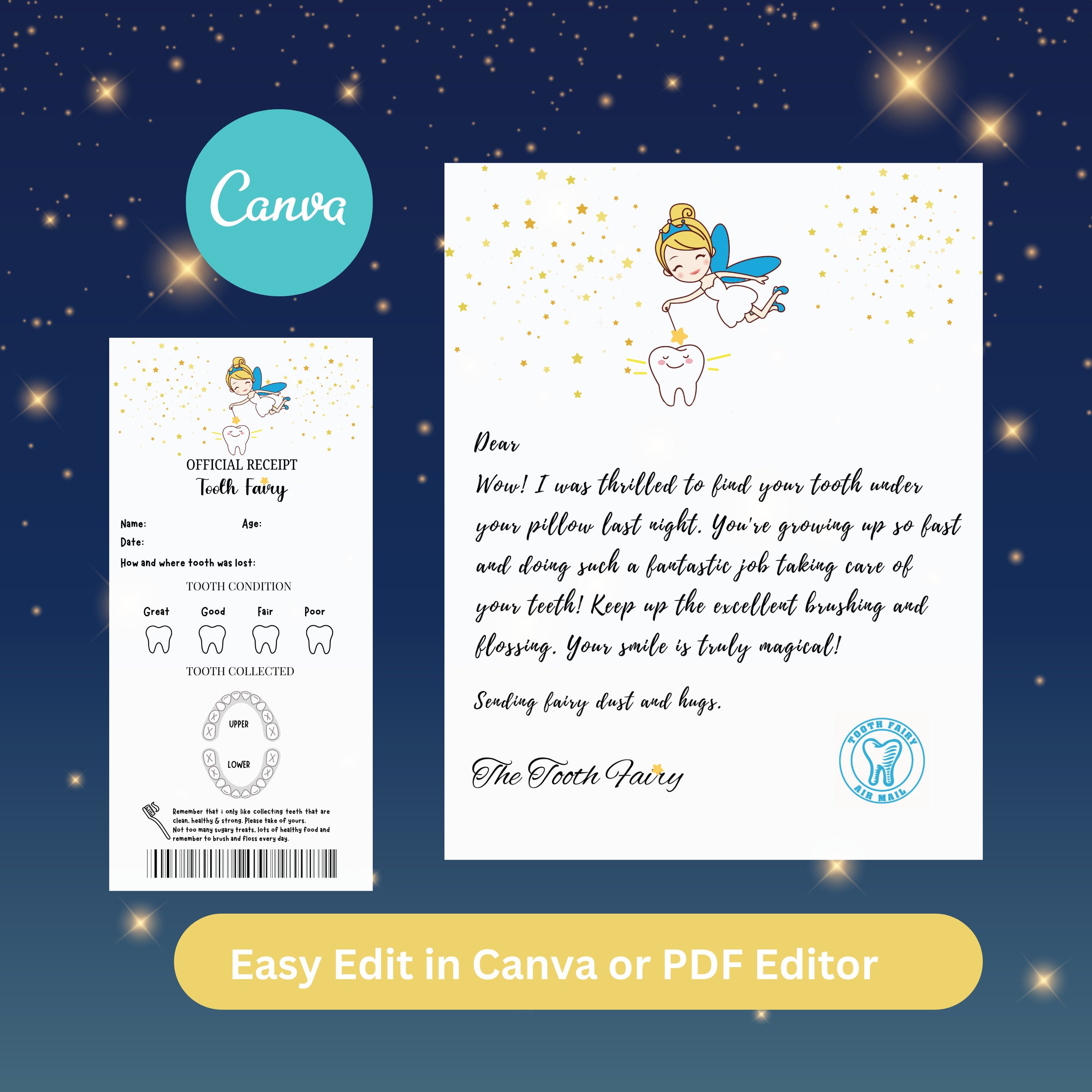 Tooth Fairy Letter and Receipt, Green Purple Blue Tooth Fairy Printable ...