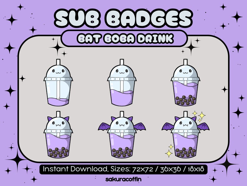 Purple Cute Kawaii Boba Bat Drink | Twitch Sub Badge / Bit Badge | - Etsy