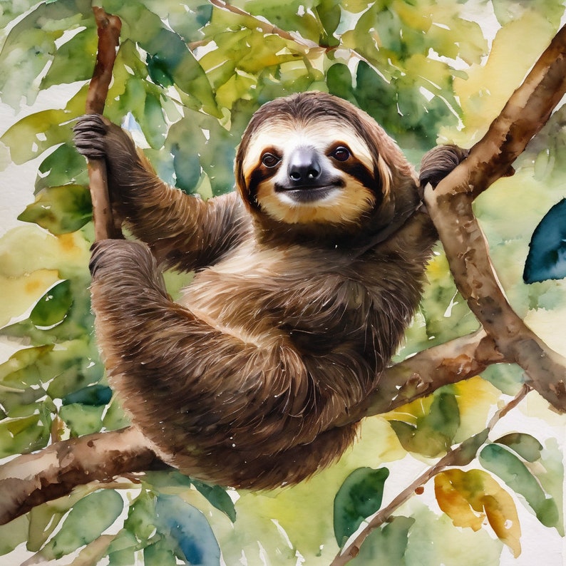 Sloth in a Tree, Holding a Branch. Digital Painting - Etsy