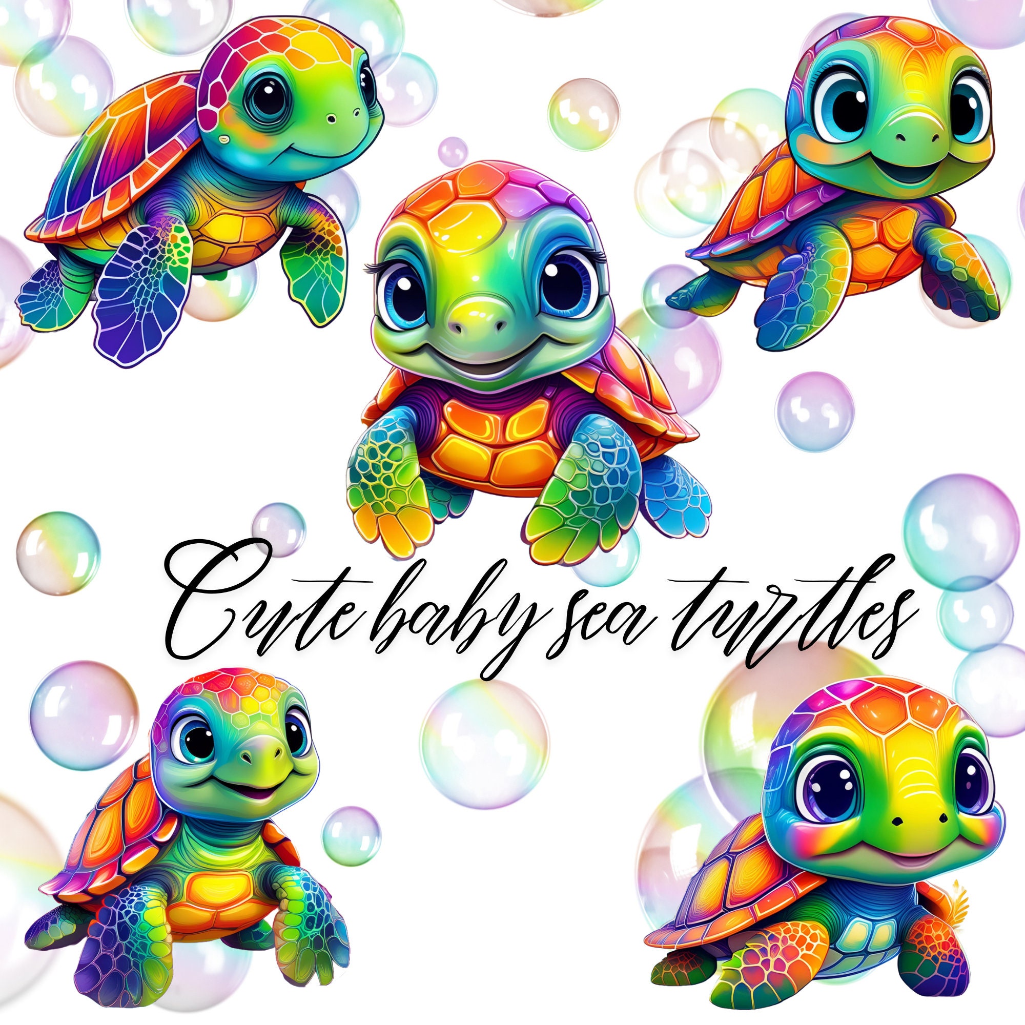 Digital File-cute Rainbow Baby Sea Turtles Png Clipart. Make Your Ocean ...