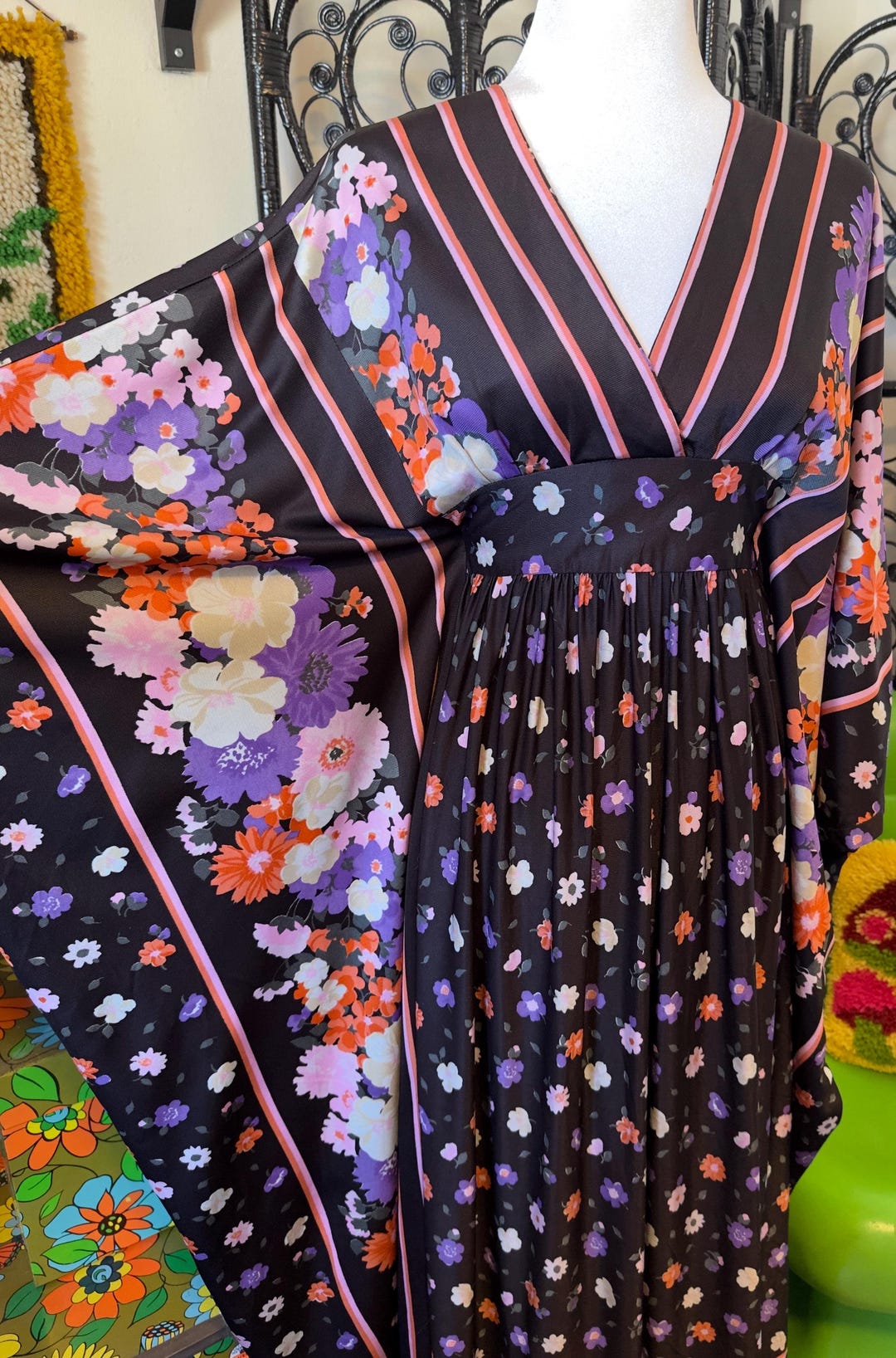 Vintage 70’s Tyrone Floral Border Print With Stripes Caftan Kaftan ...