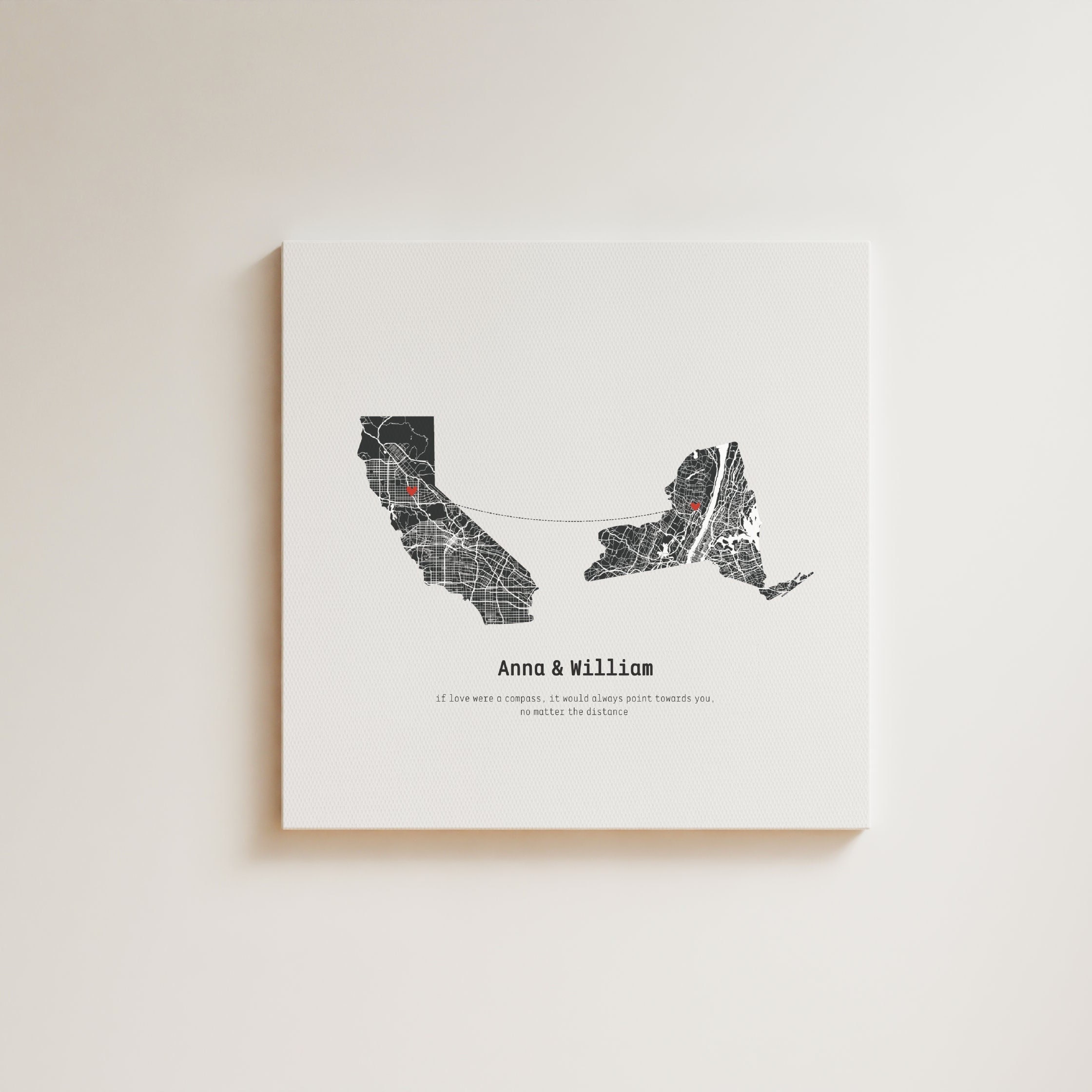 Custom Map Canvas of 2 States, Long Distance Relationship Gift for ...