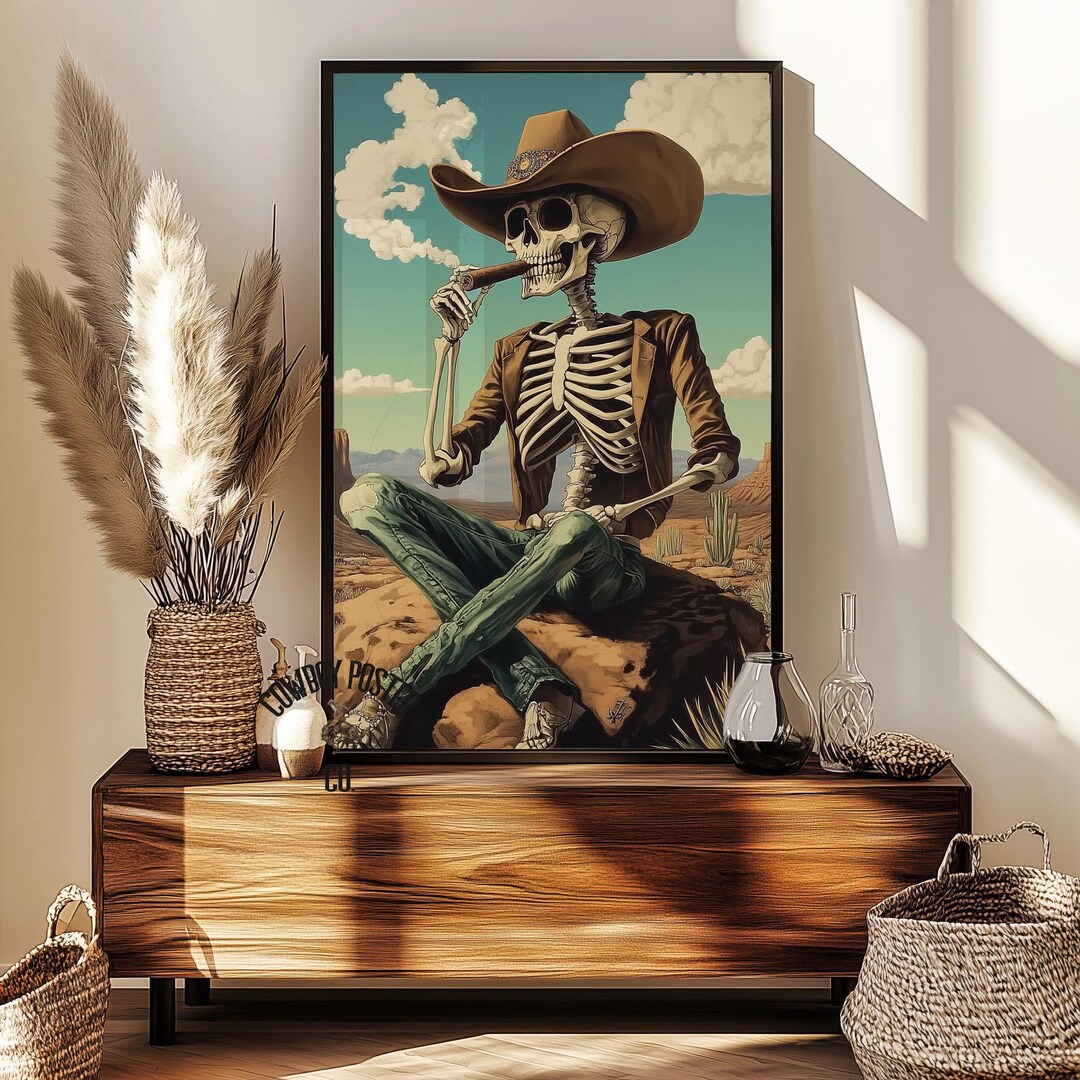 Western Skeleton Cowboy Poster, Vintage Desert Art Print, Rustic ...