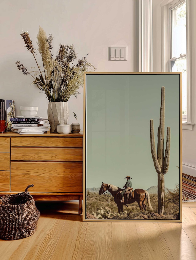Western Cowboy Desert Poster, Horse & Rider With Saguaro Cactus ...