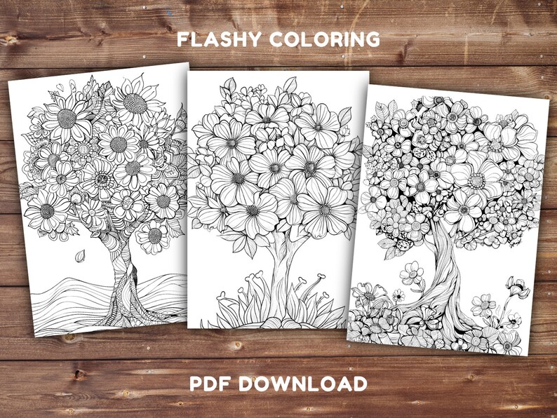 Flower Tree Coloring Book | INSTANT DOWNLOAD | Printable Coloring Pages ...
