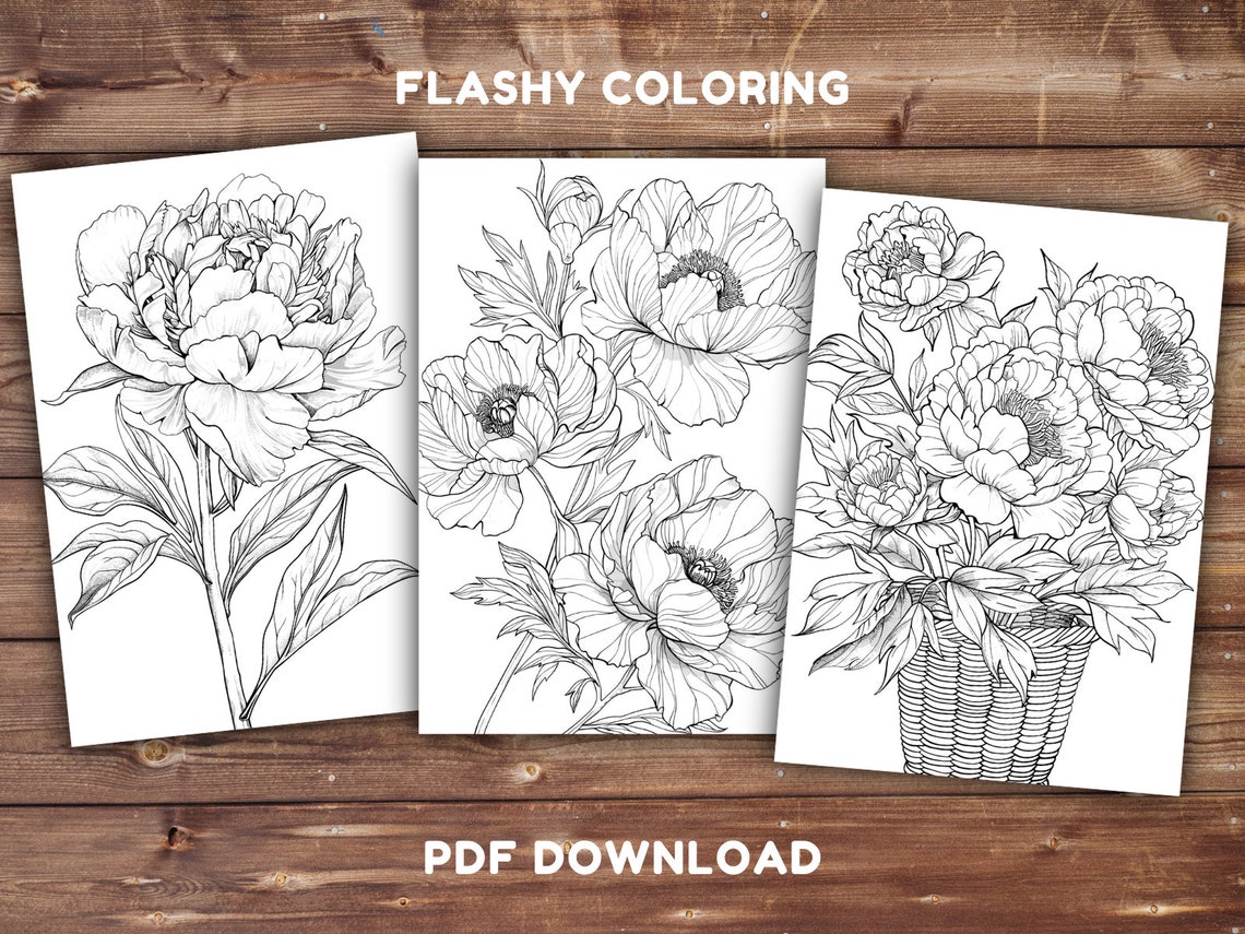 Peony Flower Coloring Book | INSTANT DOWNLOAD | Printable Coloring ...