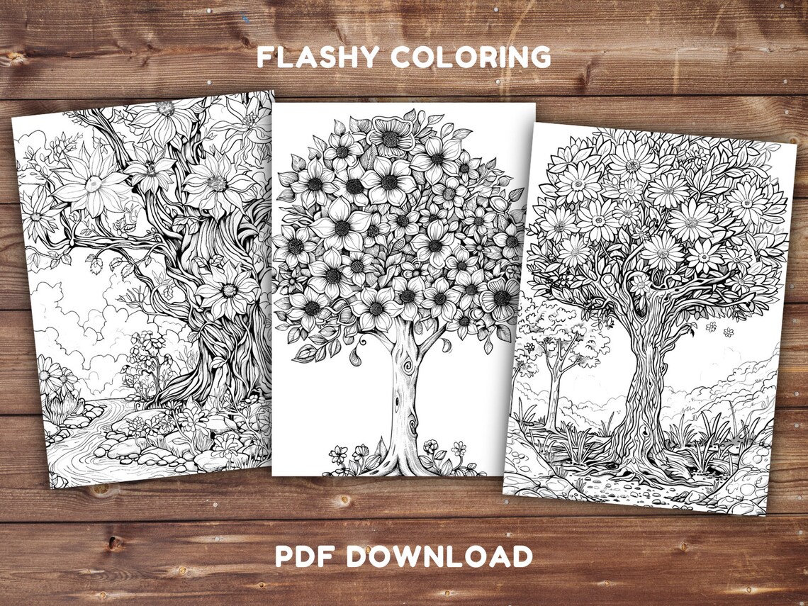 Flower Tree Coloring Book | INSTANT DOWNLOAD | Printable Coloring Pages ...