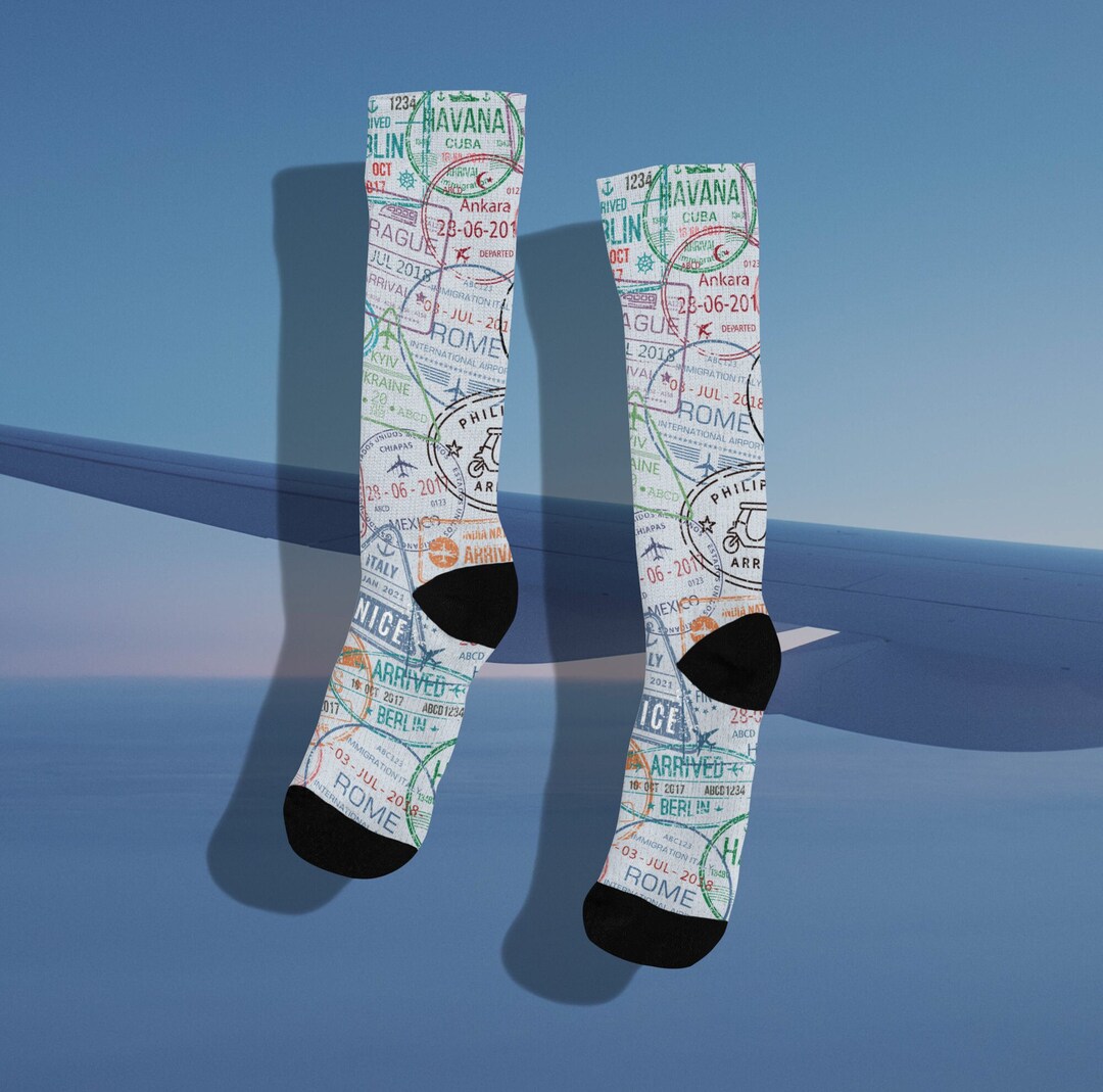 Passport Stamp Travel Novelty Crew Socks Colorful Airplane - Etsy