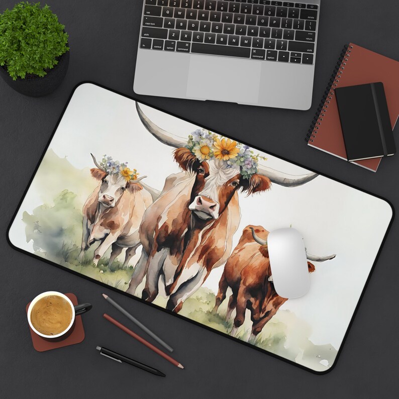 Cottagecore Highland Cow Head Desk Mat, Cute Highlander Cow Lovers Gift ...