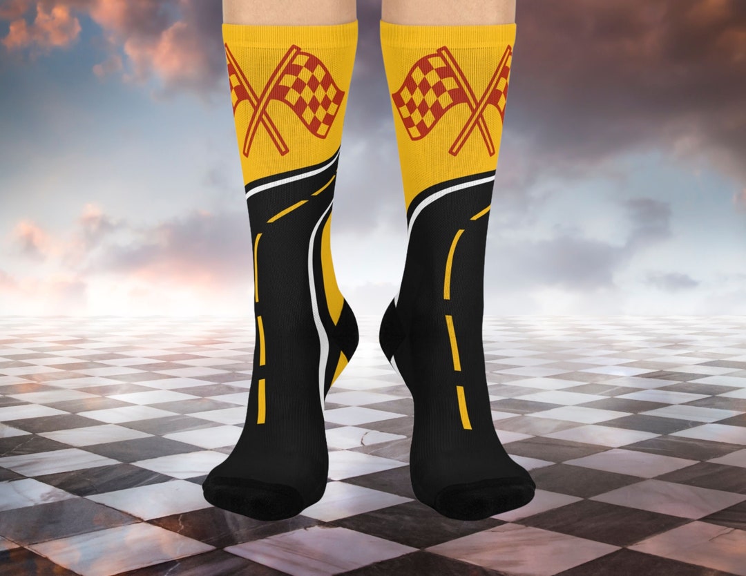 Race Track Checkered Flag Novelty Socks, Fun Race Car Flags Crew Socks ...