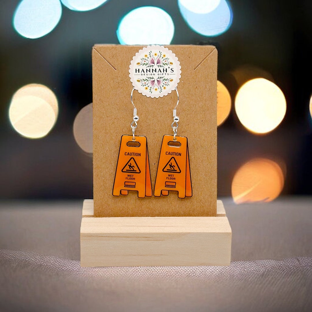 Cute Caution Wet Floor Sign Safety Earrings, Hypoallergenic Silver ...