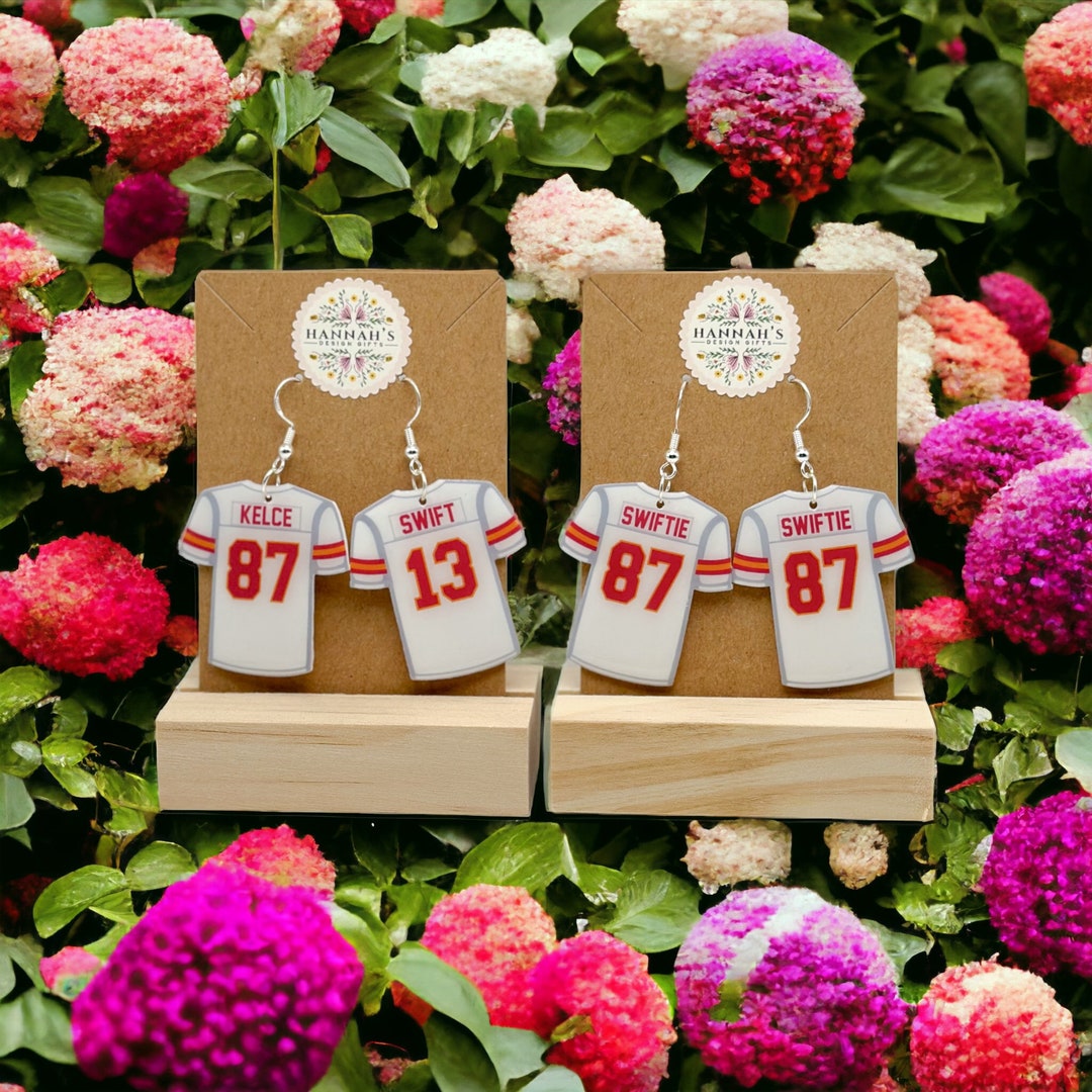 Taylor Swift & Travis Kelce Chief White Jersey Earrings, Silver Coated ...