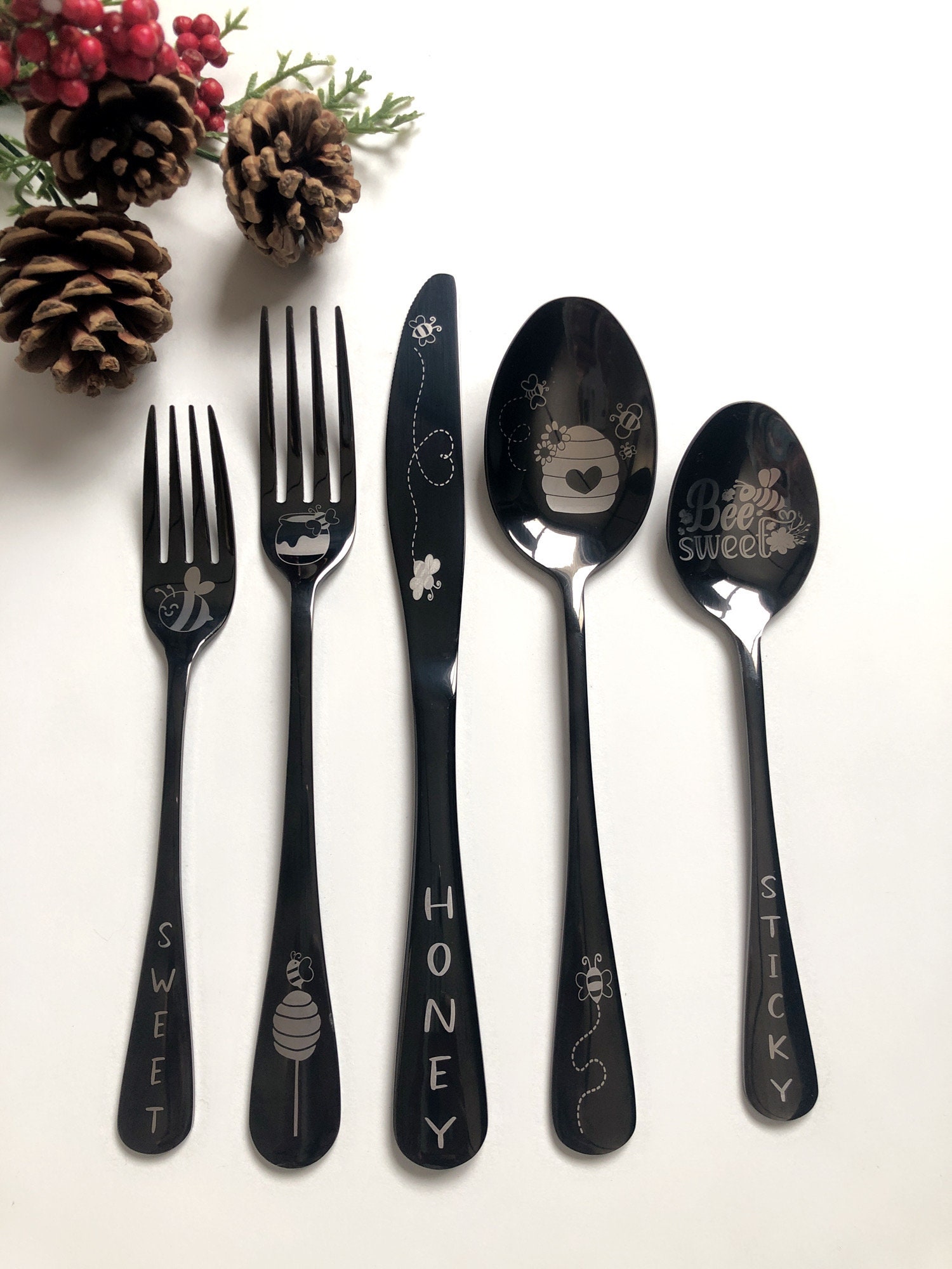 5 Piece Black Silverware Gift Set • Bee Collection • Kitchen Utensils ...