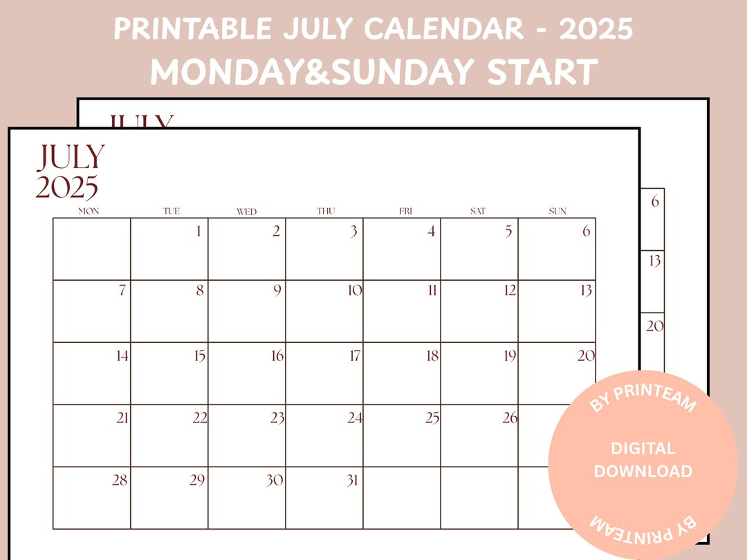 July 2025 Printable Calendar | A4 Size Monday&sunday Start Calendar ...