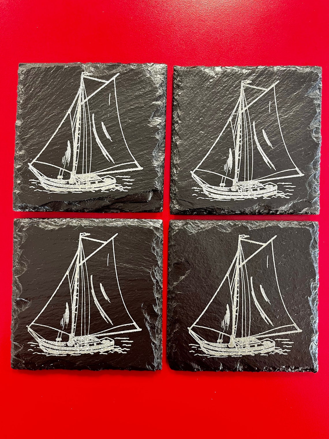 Laser Engraved Slate Coaster 4 Square Nautical Anchor Sailing Boat Home ...